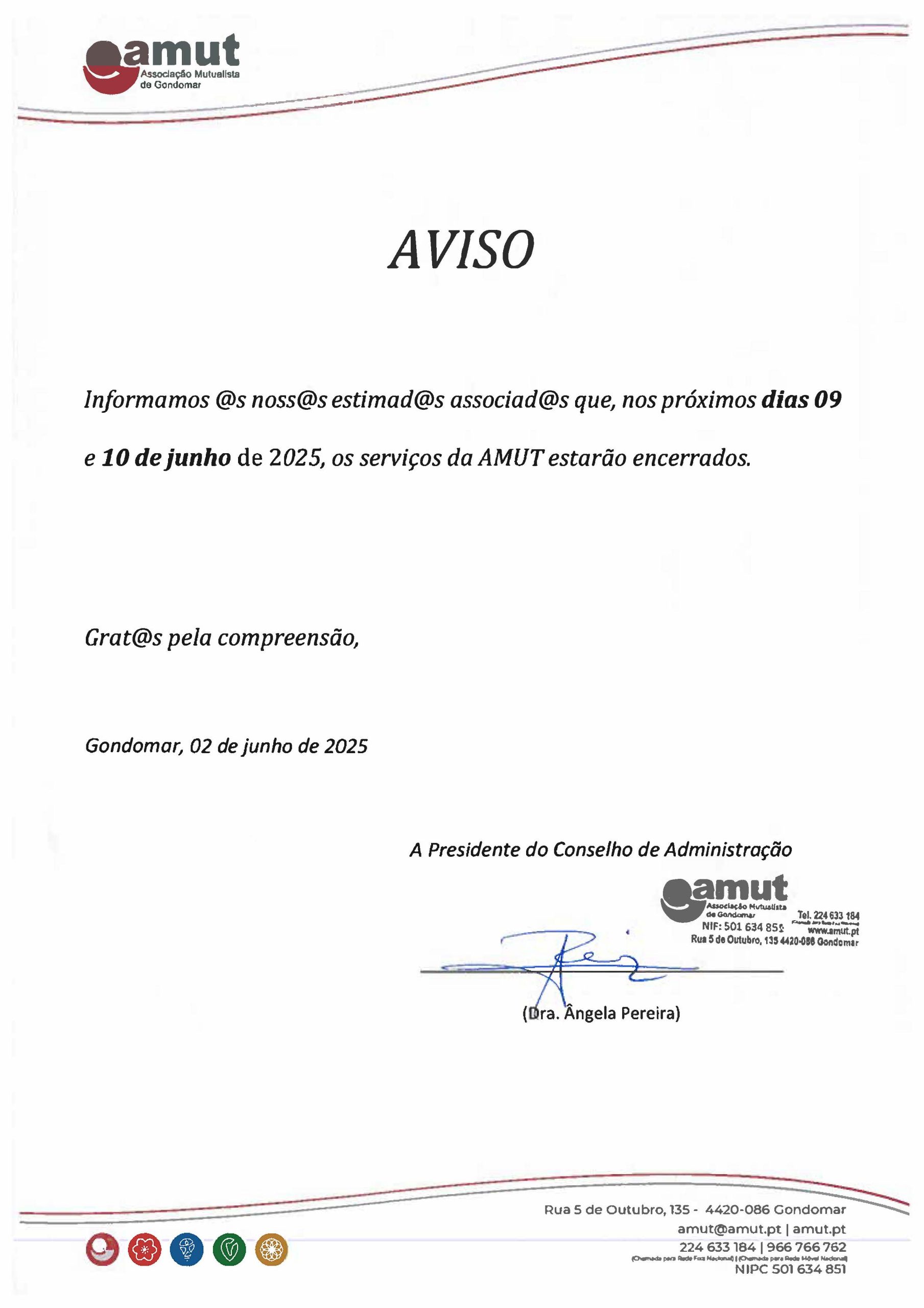 Aviso – Encerramento de Serviços – Ponte Dia de Portugal 2025 - AMUT